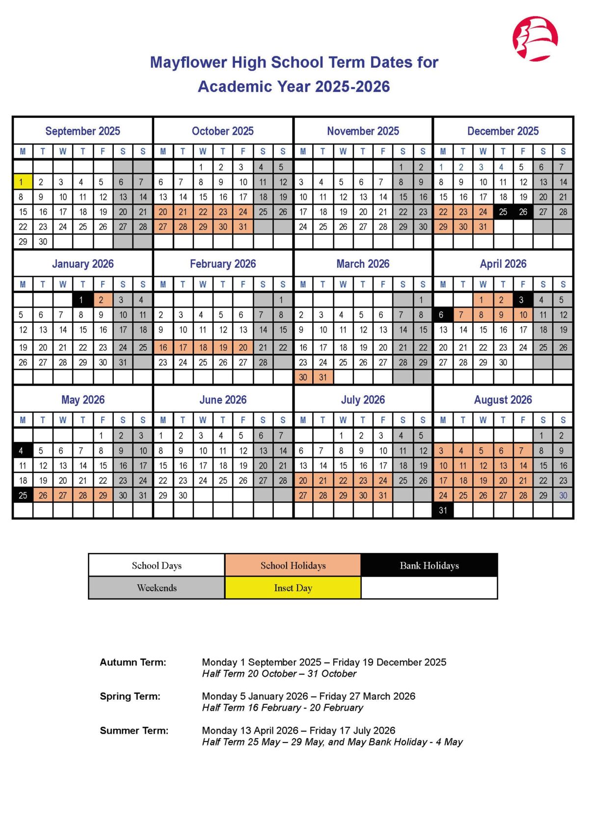 Term dates and timetable – Mayflower High School